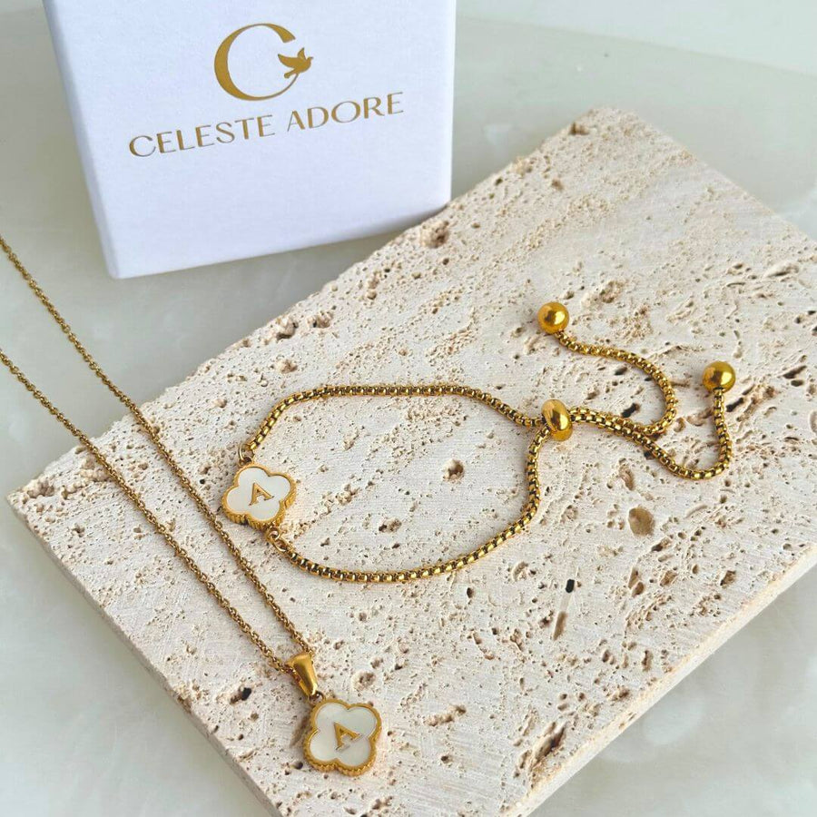 Personalised Clover Initial Necklace & Bracelet Set 18K Gold | High ...