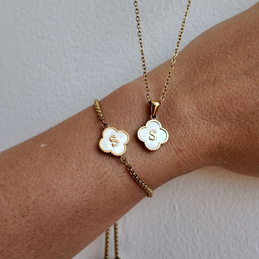Personalised Clover Initial Necklace & Bracelet Set 18K Gold | High ...
